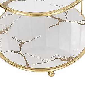 Syrisora Double Layer Storage Shelf Bird Cage Organizer Display Rack for Bathroom Countertop Dressing Table Gold Frame (White Base Gold Pattern)
