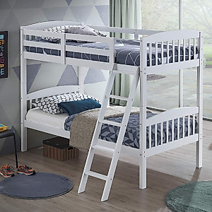 GOFLAME Twin Over Twin Bunk Beds, Convertible Into Two Individual Solid Rubber Wood Beds, Space Saving Design, Children Stylish Sleeping Bedroom Furniture with Ladder and Safety Rail (White)
