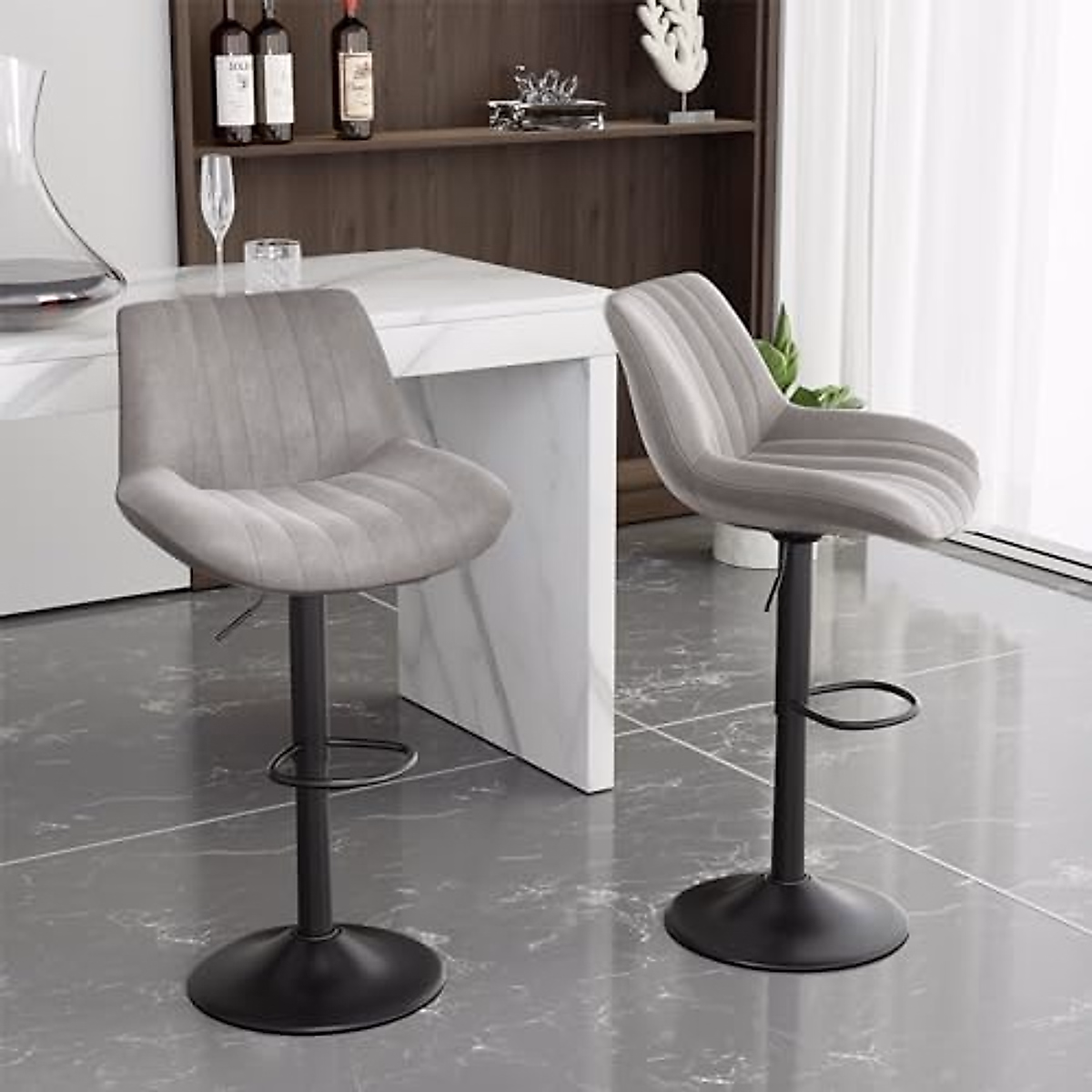 Nalupatio Bar Stools Set of 2, Adjustable Modern Swivel Bar Stools with Backs, Counter Height Performance Fabric Island Chairs for Home Kitchen, Light Grey