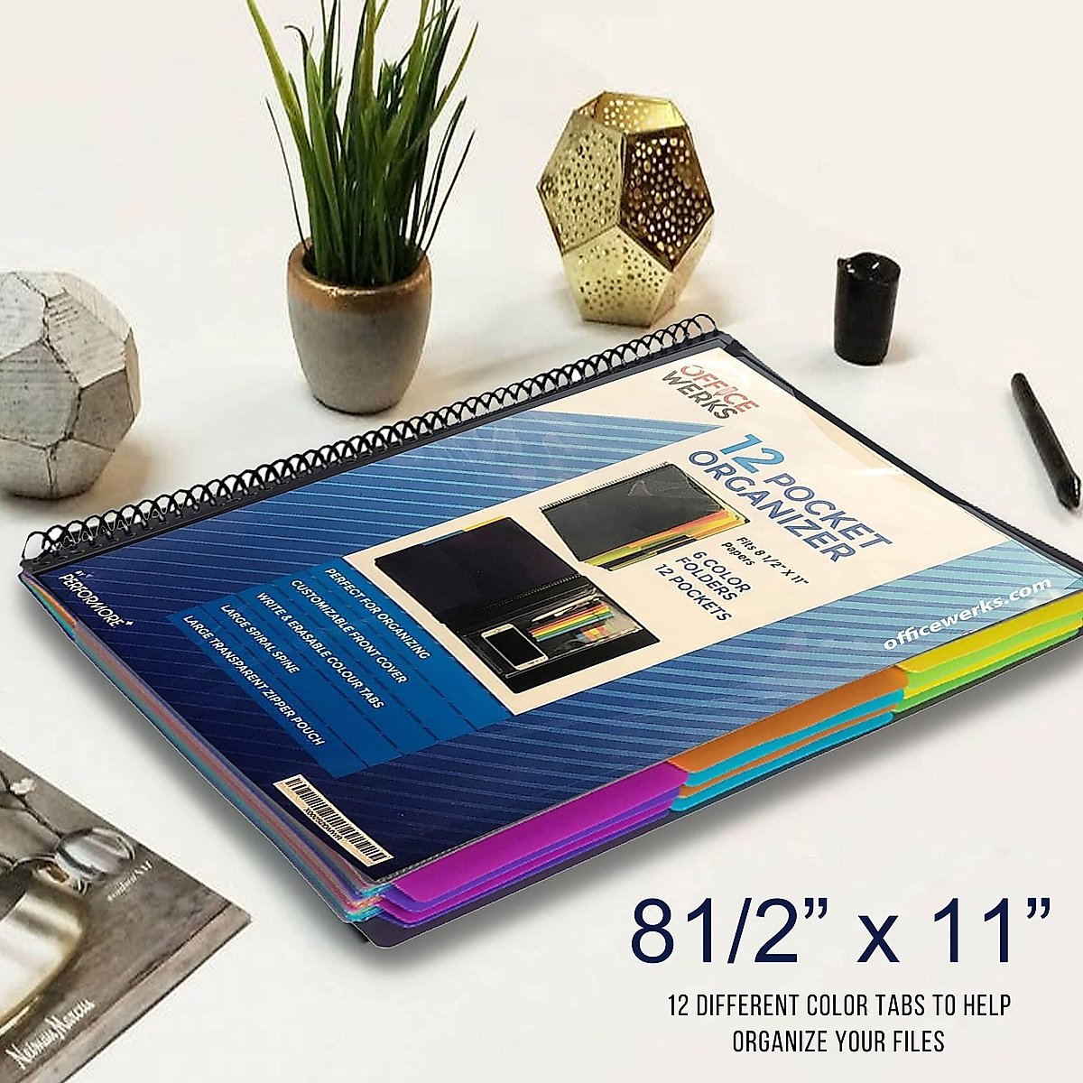 PERFORMORE 12 Pocket Spiral Subject Organizer with 6 Dividers, Folder Organizer Binder with Front Cover Pocket and Customizable Cover, Erasable Write On Tabs for Documents Files Projects