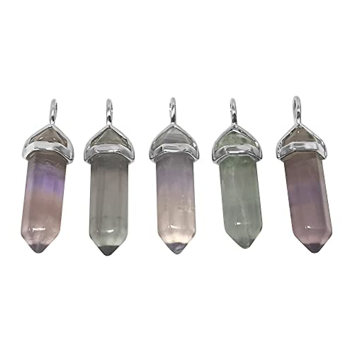 Silver Plated Fluorite Gemstone 1.5 X .2 inch Hexagonal Bullet Point Pendulum Pendant