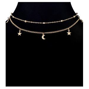 Ofeiyaa 12pcs Chain Gold Bead Necklace Coin Moon Star Pearl Pendant Chain Choker Multilayer Necklace Leather Cord Set for Women Men Gold Adjustable