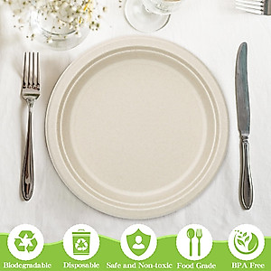 50 PCS Compostable Paper Plates, 9" Heavy Duty Disposable Plates, Biodegradable Sugarcane Fiber Natural Bagasse Party Plates Microwave Safe Dinner Plates Bulk for Daily Use Birthday Wedding Picnic