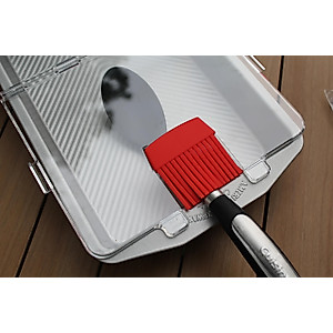 SAFE-T-SIRV Clear Hinged Serving Lid With Utensil Holder, Non-Slip Silicone Straps, Dishwasher Safe (9" x 13",Red)