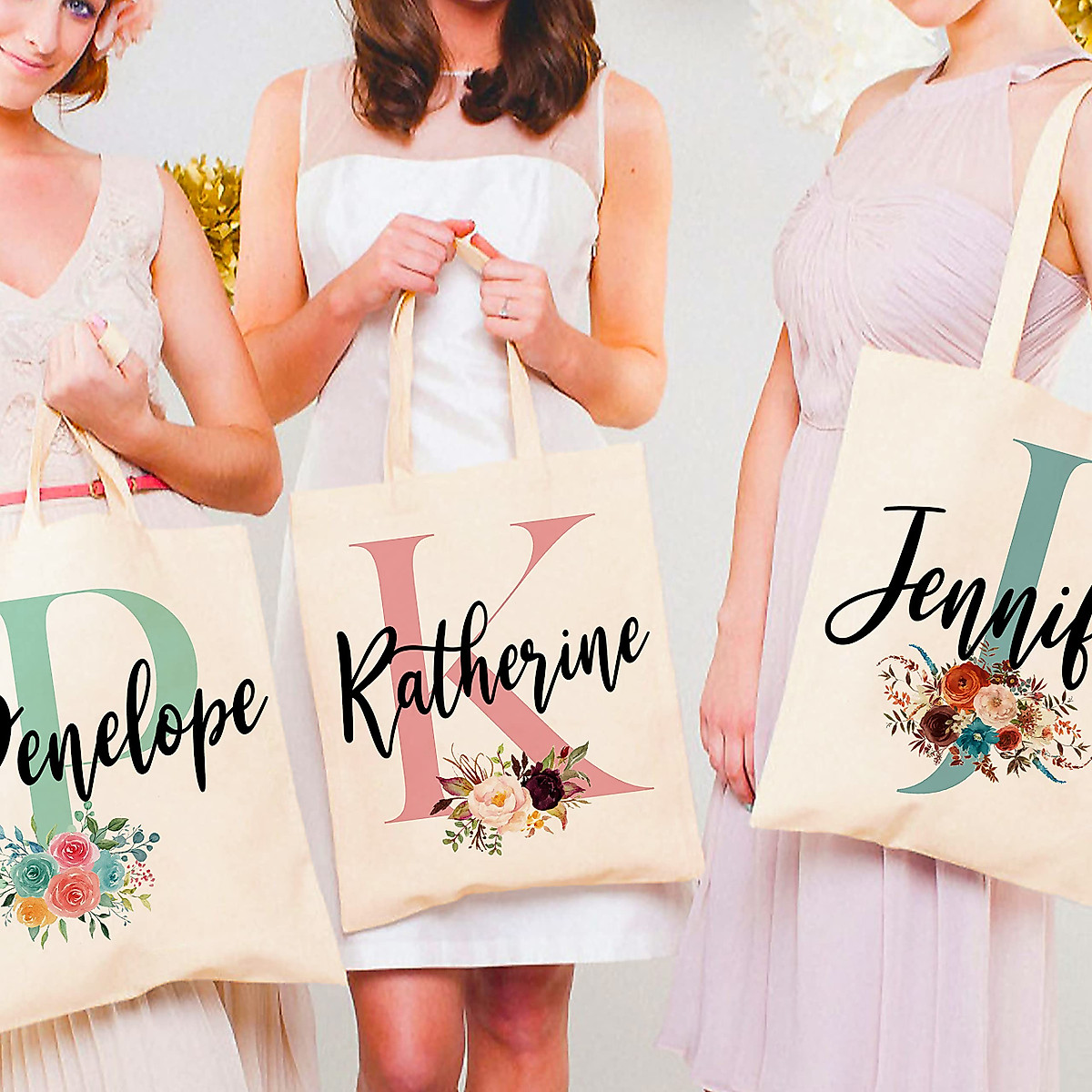Personalized Wedding Floral Tote Bags Gift for Bridesmaid w/Initial & Name - 8 Design - Customized Canvas Bag for Girls - Custom Beach Shoulder Bag - Maids Bachelorette Party Bridal Shower Gifts C1