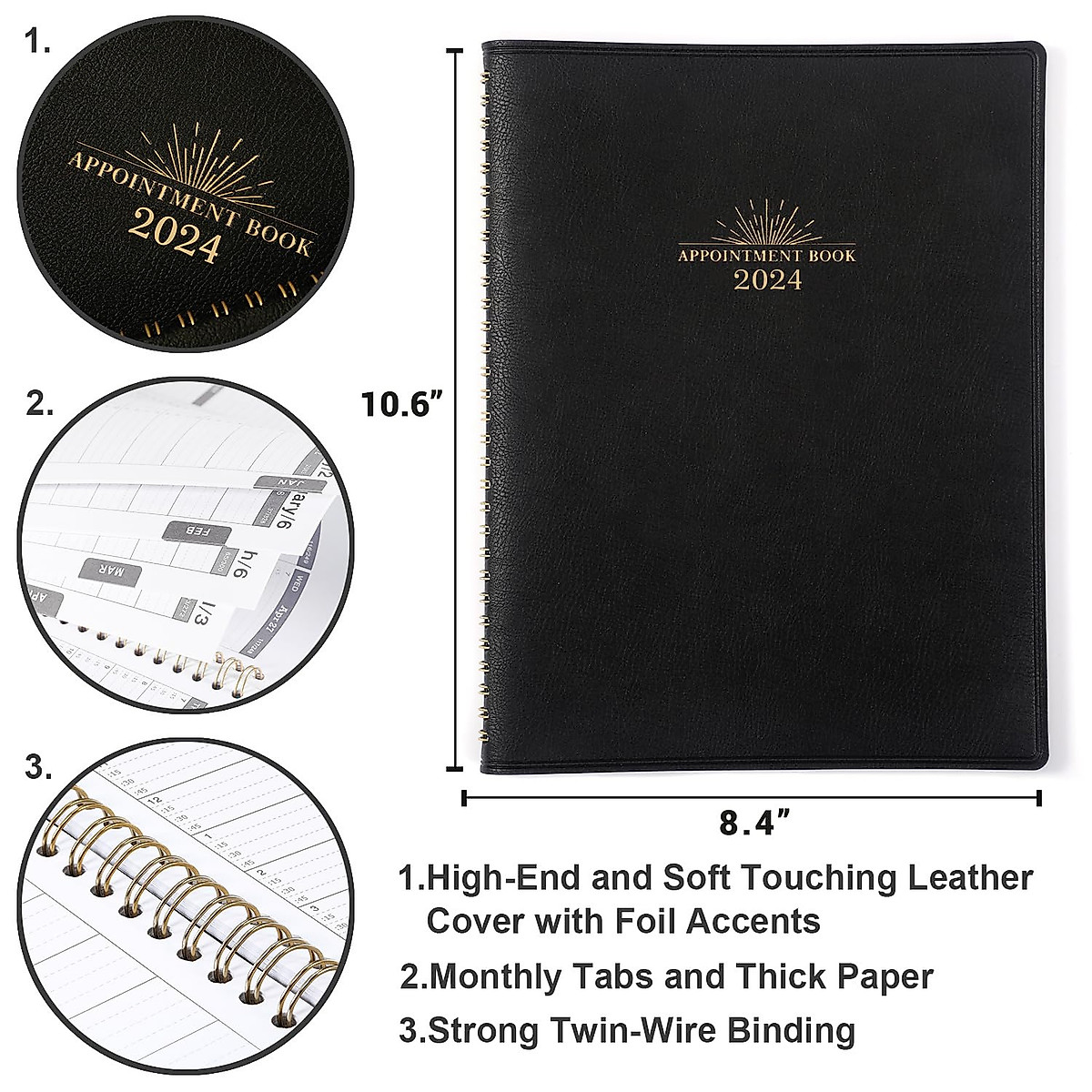 2024 Appointment Book/Planner - Weekly Appointment Book/Planner 2024, Jan 2024 - Dec 2024, 8"x 10", 2024 Daily/Hourly Planner with Tabs, 15-Minute Interval, Flexible Soft Cover - Black