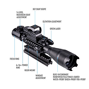 PINTY Rifle Scope Red Dot Laser Combo — 4in1 Gun Set with 4-16x50 Illuminated Hunting Scope, Green/Red Dot, Green Laser Sight, Pic Riser — Tactical Scope and Laser for Shooting Airsoft More, Black