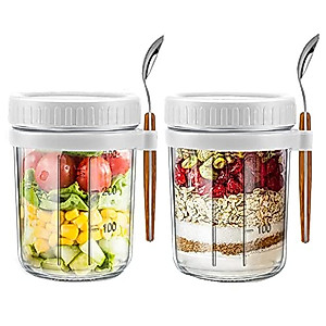 Overnight Oats Containers with lids and spoon-Set of 2 Jars 12 oz Large Capacity Airtight Container with Measurement Marks, Reusable On The Go Cups for Cereal Yogurt, Milk, Salads, Fruit(2 Pack White)
