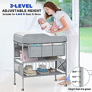 Portable Baby Changing Table, Foldable Changing Table Dresser Baby Changing Station, Height Adjustable Waterproof Diaper Changing Table Pad Topper, Newborn Nursery Organizer