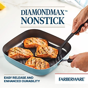 Farberware Cookstart DiamondMax Nonstick Square Deep Grill Pan/Griddle, Dishwasher Safe, 11 Inch - Aqua