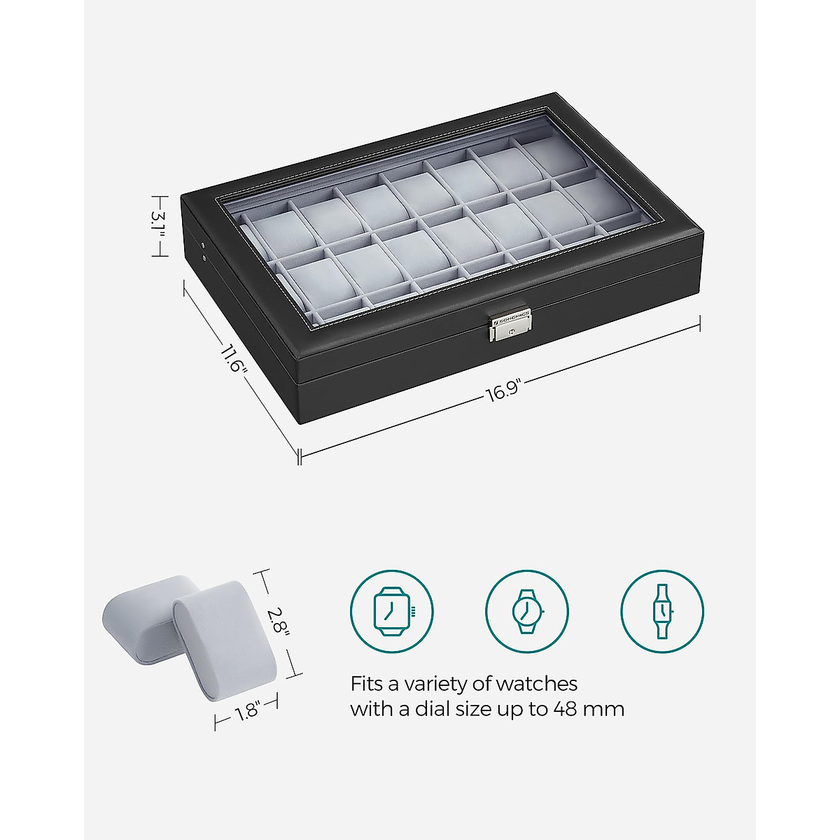 SONGMICS Watch Box, 24-Slot Watch Case, Lockable Watch Storage Box with Glass Lid, Gift Idea, Ink Black Synthetic Leather, Gray Lining UJWB024