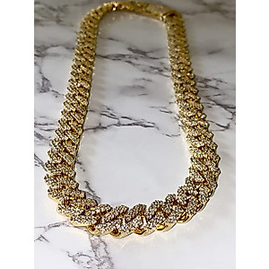 Mens 14k Gold Finish 12mm Miami Cuban Link Chain Choker Necklace Iced Round Set Cuban Chain for Men, Miami Cuban Link Chain Choker Necklace Real Solid Cuban Choker, Cuban necklace 20 Inches
