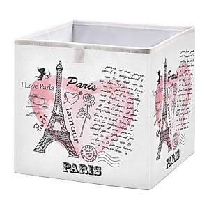 CaTaKu I Love Paris Cubes Storage Bins 11 inch Collapsible Fabric Storage Baskets Shelves Organizer Foldable Decorative Bedroom Storage Boxes for Organizing Home