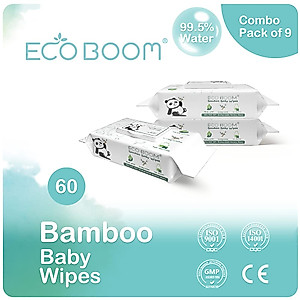 ECO BOOM Bamboo Wipes Eco 100% Baby Wet Wipes Ideal for Newborn Skin 540 Count Unscented