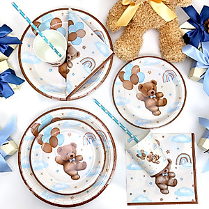 Teddy Bear Baby Shower Decorations Plates Set for 25,Boho Paper Plates Cups Napkins Straws for Boy Brown Blue Disposable Tableware Birthday Party Supplies