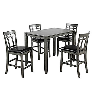 Woanke Set for 4, Vintage Rectangular Counter Height Bar Table with 4 Chairs for Dining Room, Pub and Bistro, Antique Graywash 5 Pcs