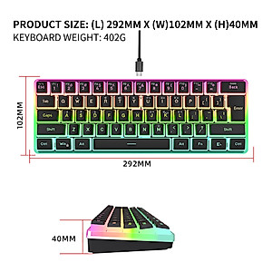 Snpurdiri 60% Wired Gaming Keyboard, Pudding Keycaps with Translucent Layer,RGB Ultra-Compact Mini Keyboard, Waterproof Small 61 Keys Keyboard for Office/Gaming(Black)