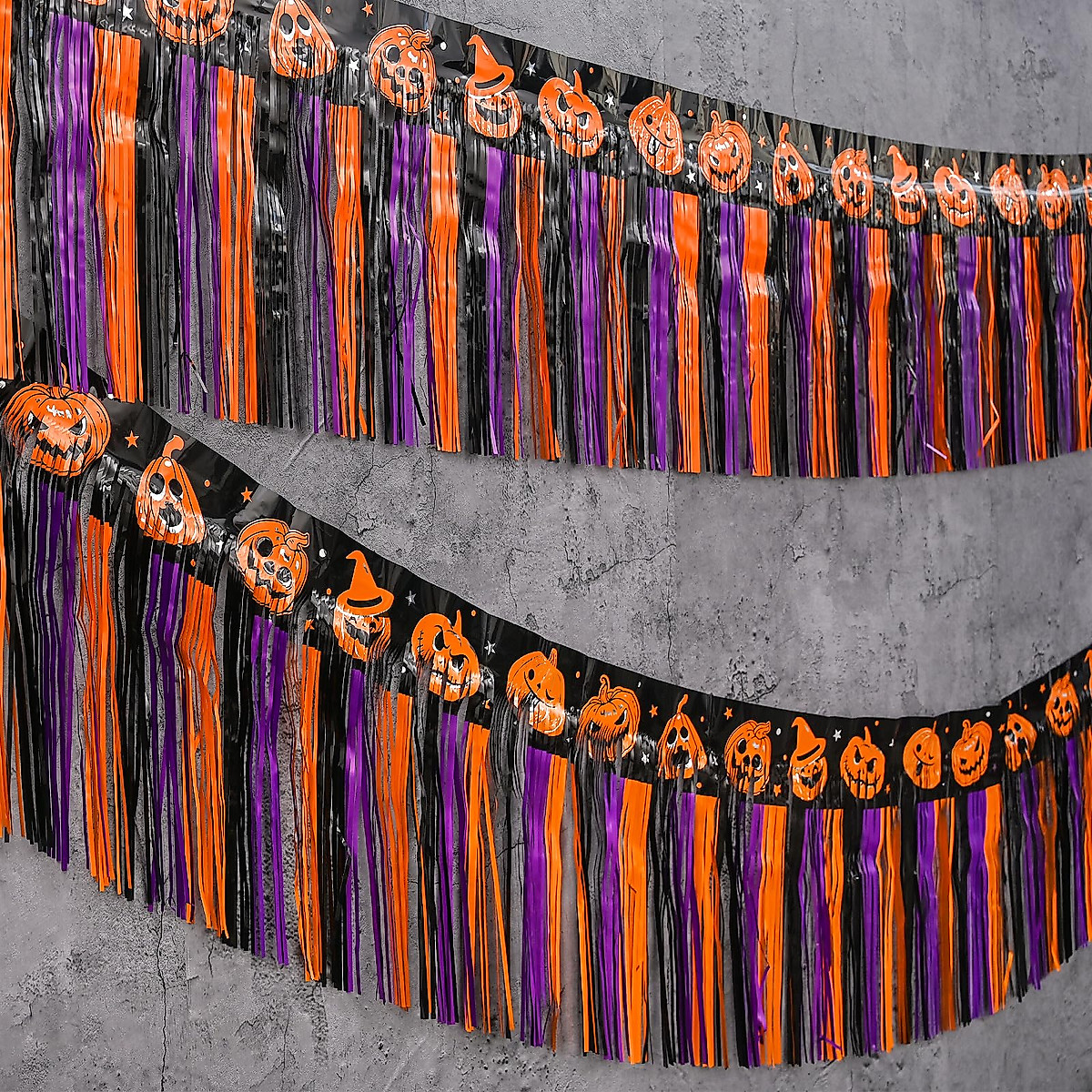 Mega-L Halloween Party Decorations, 2 Packs 39 Feet Foil Fringe Banner Tinsel Streamers, Orange Purple Black Pumpkin Metallic Hanging Backdrop Garland Table Skirts for Indoor House Car Parade Floats