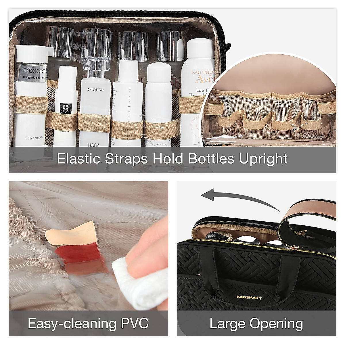 BAGSMART Large Toiletry Bag, Travel Makeup Organizer, Water-resistant Makeup Cosmetic Bag Door Room Essentials Travel Bag for Accessories, Shampoo, Full Sized Container, Toiletries (Black, Large)