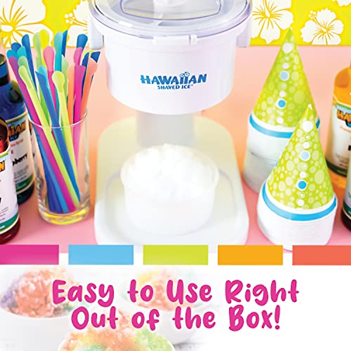 Hawaiian Shaved Ice S700 Snow Cone Machine Kit with 6 - 16oz. Syrups: Cherry, Grape, Blue Raspberry, Tiger’s Blood, Lemon-Lime, Pina Colada, 25 Snow Cone Cups, 25 Spoon Straws, and 6 Pouring Spouts