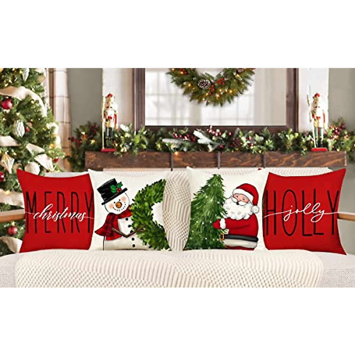 Red Christmas Pillow Covers 18x18 Set of 4 Farmhouse Christmas Decorations Snowman Wreath Santa Claus Tree Merry Christmas Holly Jolly Winter Holiday Decor Throw Cushion Case for Home Couch S22C17