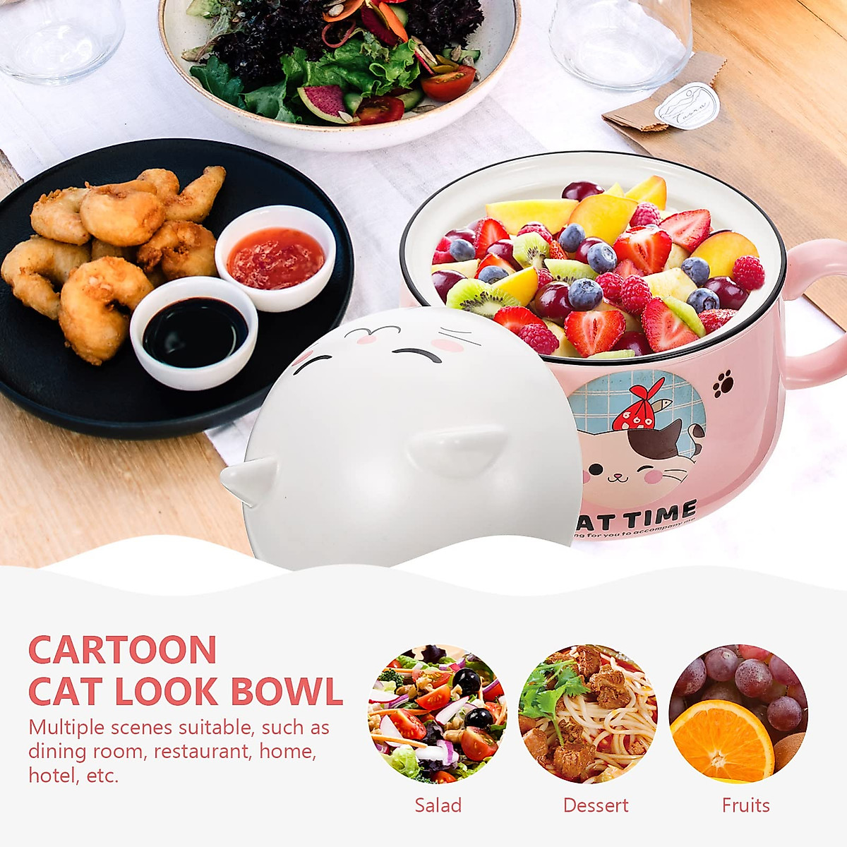 Angoily Chinese Decor Ceramic Bowl with Lid Handle Cat Design Instant Noodle Bowl Cereal Bowl Soup Mug Ramen Bowl for Rice Salad Noodle Pho Vegetable Fruit 1020ml Pasta Container