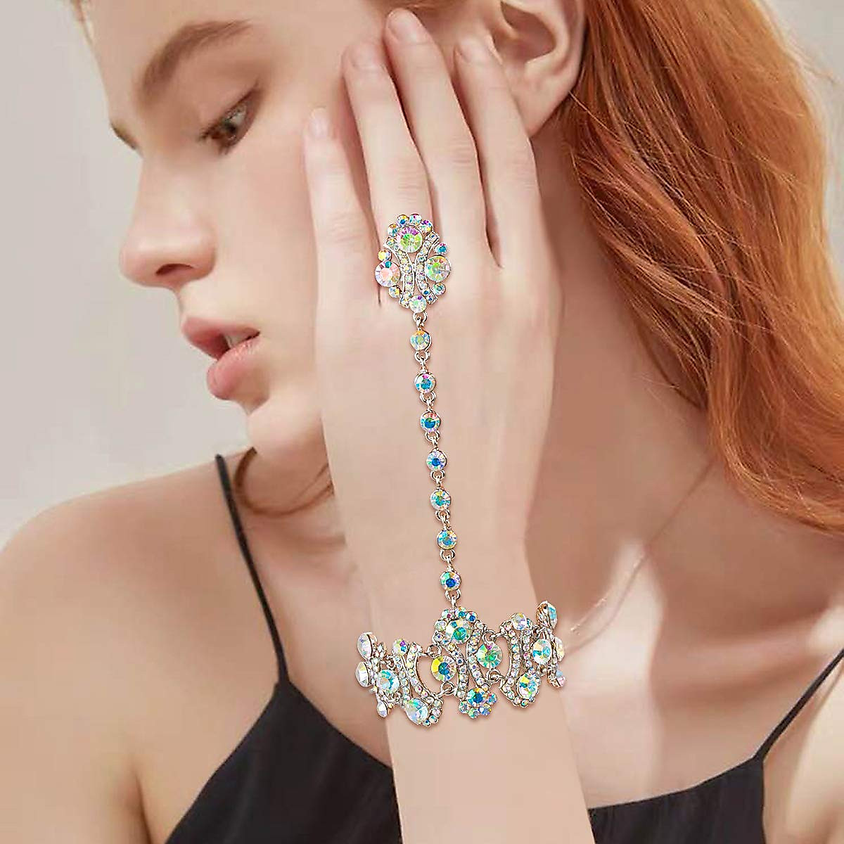 EVER FAITH 1920s Style Inspired Bracelet Adjustable Ring Set Iridescent Clear AB Crystal