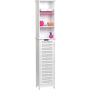 EVIDECO French Home Goods Bathroom Linen Tower Cabinet Miami 1 Door 5 Shelves Wood White