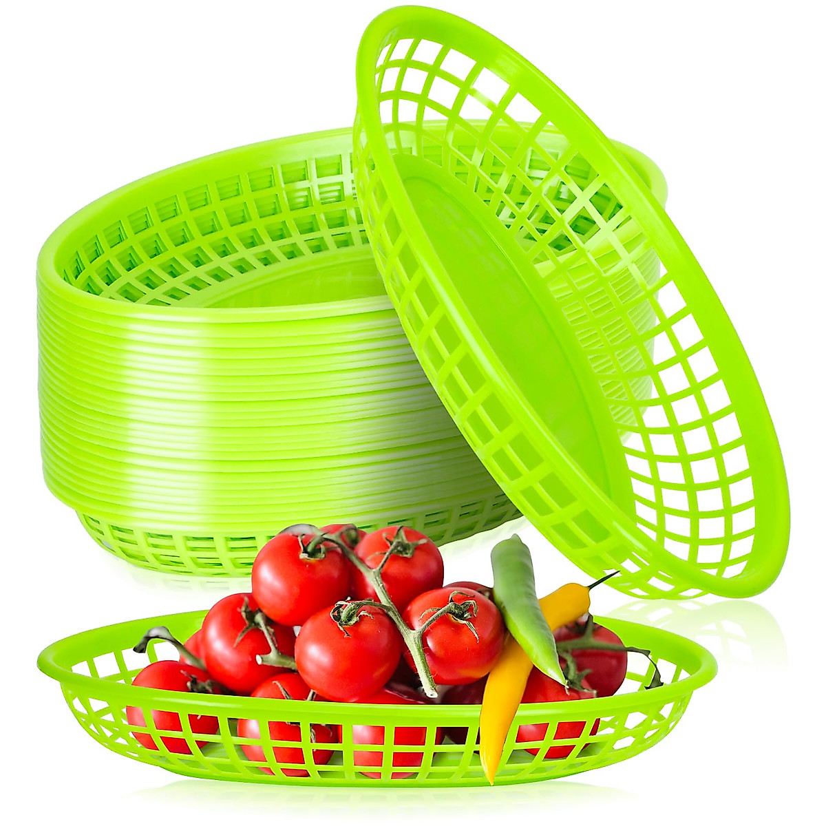 GothaBach 24 Pack Fast Food Baskets, Plastic Fast Food Restaurant Baskets, Bread Fry Baskets Serving Tray for Hot Dogs, Chicken, Burgers, Sandwiches, Fries(Green)