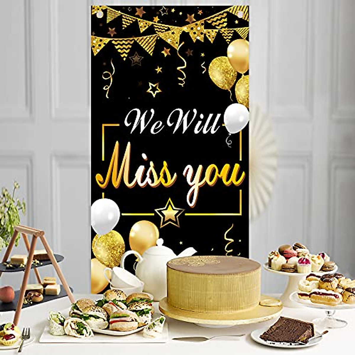 Luxiocio We Will Miss You Door Banner Backdrop Decorations, Going Away Party Farewell Party Door Cover Supplies, Black Gold Happy Retirement Party Décor for Coworker