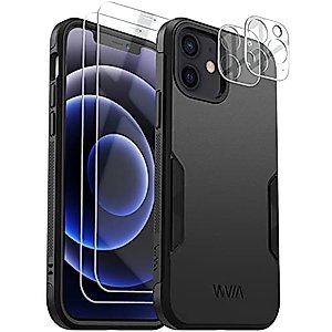 WVM Designed for iPhone 12 Case, Designed for iPhone 12 Pro Case [with 2 Pcs Glass Screen Protector & 2 Pcs Camera Lens Protector] Shockproof Protective Case for iPhone 12/12 Pro 6.1 inch, Black
