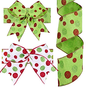 4 Rolls Christmas Ribbons Polka Dot Ribbon Wired Glitter Christmas Wired Ribbons Burlap Decorative Grinch Ribbons for DIY Craft Wreath Bows (Green, Red, 2.5 Inch x 6 Yard Per Roll)