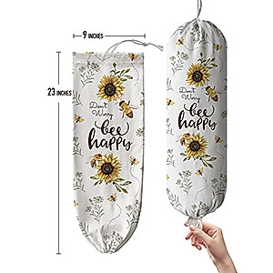 Hglian Kitchen Grocery Plastic Bag Holder and Dispenser Wall Mount Plastic bags Organizer Garbage Shopping Trash bags Storage Container keeper Cute Bee Sunflower Farmhouse Home Décor