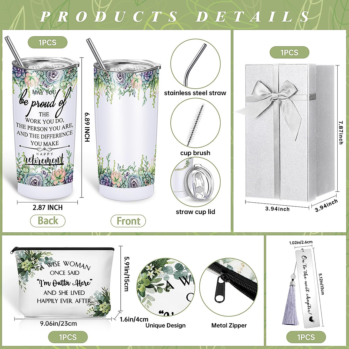 4 Pcs Retirement Gift for Women 2024 Happy Retirement Presents 20oz Stainless Steel Tumbler Makeup Bag Bookmark Set Retired Gifts Box for Mom Grandmom Teacher Coworker Nurse(Warm Style)