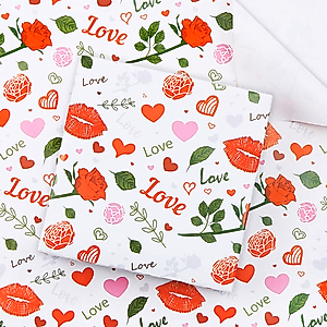 Valentine's Day Gift Wrapping Paper for Women Girls, Rose Flower Lip Heart Love Print Gift Wrap Paper for Bridal Shower Wedding Birthday Holiday Any Occasion 4 Sheet Folded Flat