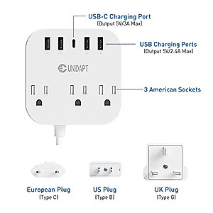 European Plug Adapter, Unidapt US to UK Europe Power Strip for EU/UK/US with USB C and 4 USB Ports, 3 AC Outlets, Wall Mountable, 5ft Extension Cord, for Travel Cruise Ship Home