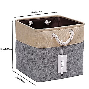 CREADARD Fabric Cube Storage Basket, 13x13x13 inch Foldable Linen Cube Storage Basket for Nursery and Home, Collapsible Canvas Shelf Basket for Wardrobe or Bedroom, Blue and Grey and Beige