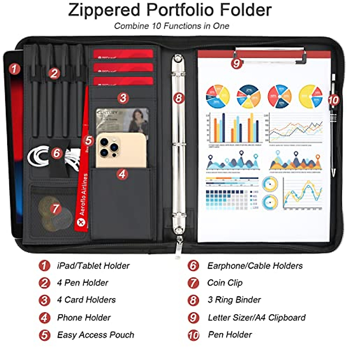 Portfolio Binder Organizer with Handle, 13.4 * 10 * 1.6 Inch Zippered Padfolio, Writing Pad Notepad Legal Size Detachable Business Folder Resume Interview Gift for Men Women (Gray)