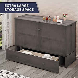 ijuicy Cube Murphy Bed Queen, Murphy Cabinet Chest Bed with Charging Station & 3 Level Foldable Memory Foam Mattress & & Large Drawer for Guests Room (Poplar Grey)