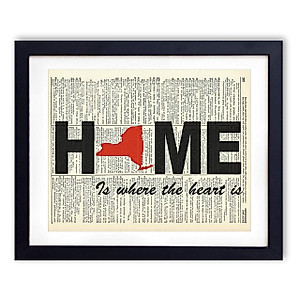 New York Home Is Where The Heart Is Vintage Dictionary Art Print, Antique Wall Art Home Decor, Modern Boho Poster, Farmhouse Decoration Living Room Bedroom Office 8x10 Inches, Ready To Frame