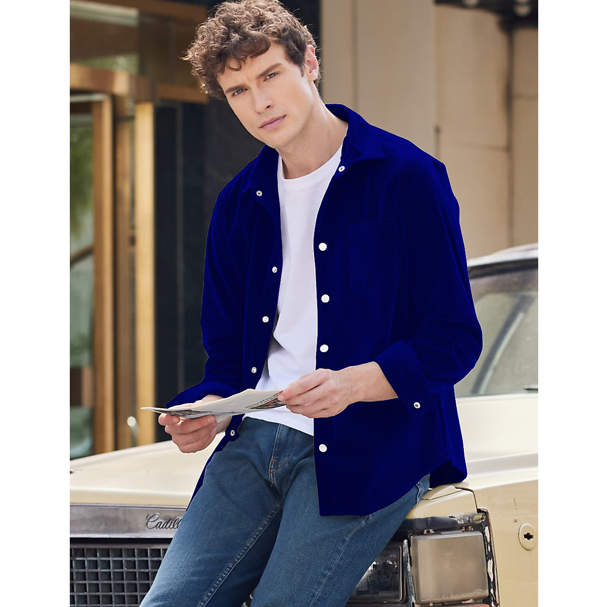 COOFANDY Men's Casual Dress Shirt Vintage Suede Jacket Lightweight Faux Suede Shirt Jacket Blue