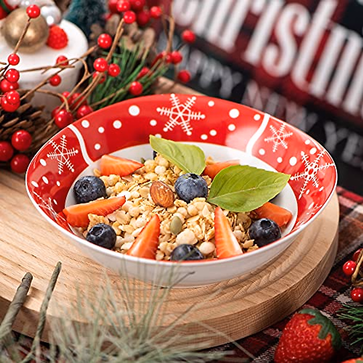 VEWEET Cereal Bowls Soup Bowl，Porcelain Bowls Set 15 OZ Breakfast Bowls, Christmas Bowls Serve for 6, Santa Claus Series