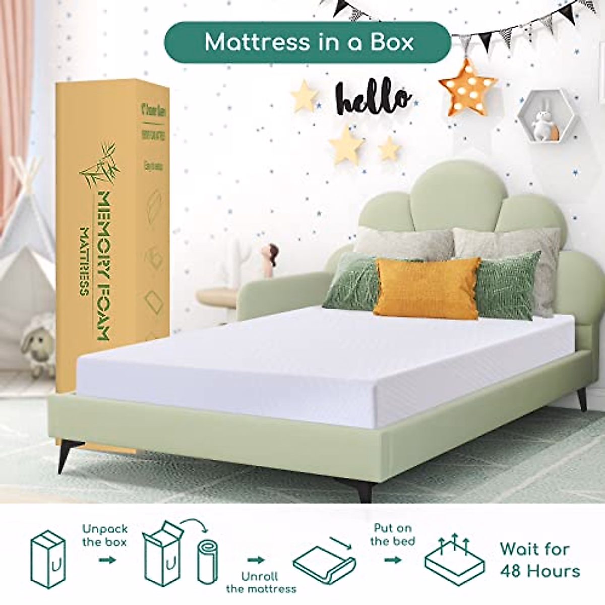 Airdown Full Mattress, 6 Inch Memory Foam Mattress in a Box for Kids, Medium Firm Green Tea Gel Mattress Full Size for Bunk Bed, Trundle Bed, Guest Room White