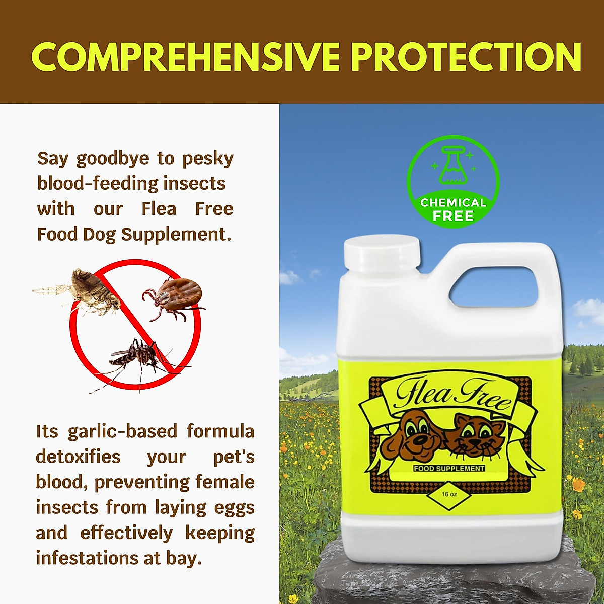 Flea Free Pure Organic Food Supplement - Flea Control Formula Dog Vitamins - Dog Vitamins and Supplements - Dog Multivitamin to Avoid Blood-Feeding Insects - Multivitamin for Dogs Chemical-Free(16 oz)