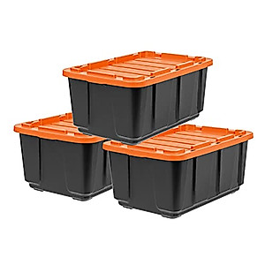 IRIS USA 27 Gallon Heavy-Duty Plastic Storage Tote with Lids, Storage Plastic Bin Organizer Container with Durable Lid and Secure Latching Buckles, Black/Orange, 3 Pack