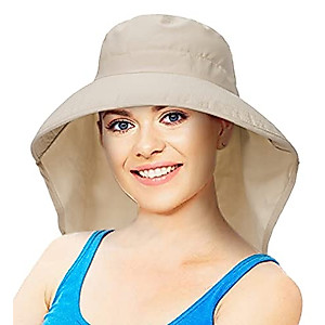 Outdoor Fishing-Hat Summer Sun-Hats for Women - Wide Brim UPF 50+ Fishing Hat UV Protection Hiking Hat with Neck Flap Cap Beige