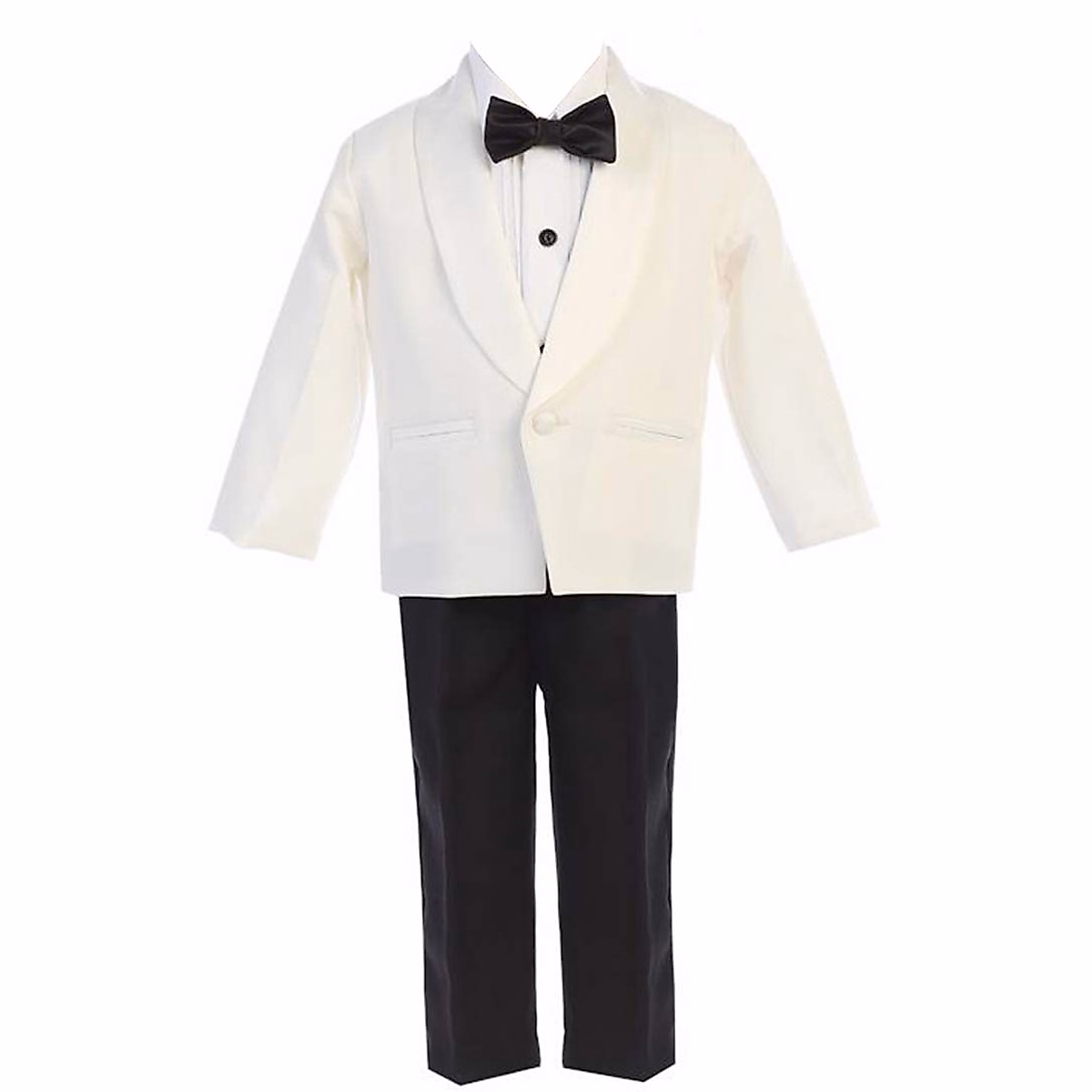 Baby Boys Ivory Jacket Black Pants Shirt Bowtie Tuxedo Ring Bearer Suit Size L (12-18 Months)