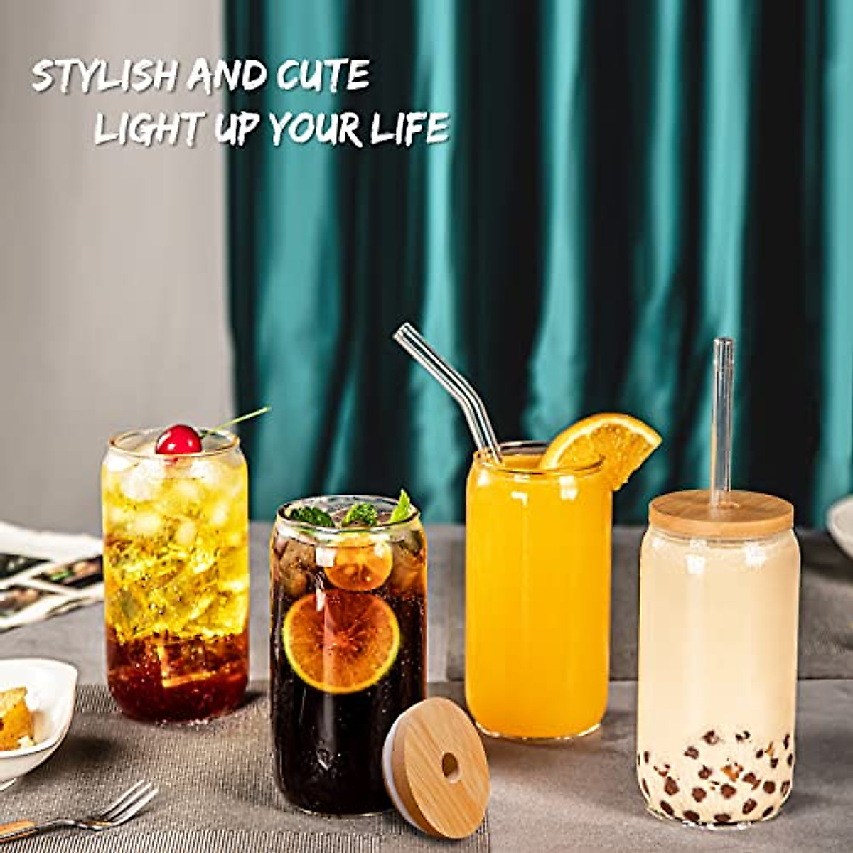 8 Pcs Drinking Glasses with Bamboo Lids and Glass Straw - 16 Oz Can Shaped Glass Cups Beer Glasses Ice Coffee Glasses Cute Tumbler Cup Great for Soda Boba Tea Cocktail Include 2 Cleaning Brushes