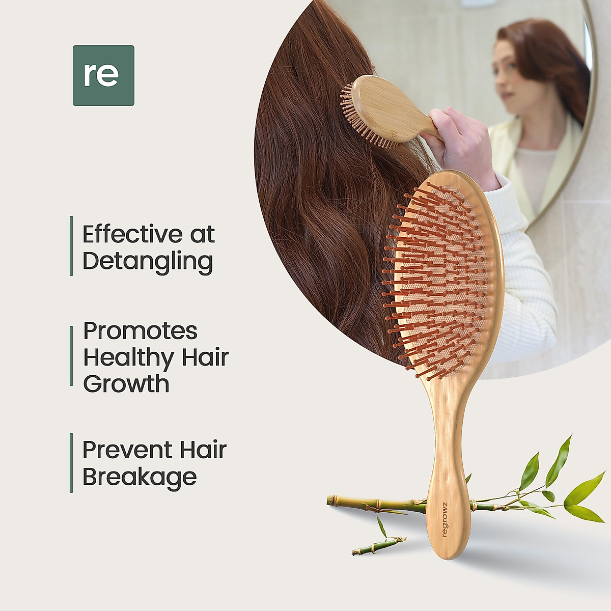 Regrowz Bamboo Paddle Hair Brush for Women & Men - Natural Wooden Brush to Detangle Hair & Reduce Hair Breakage - Scalp Massage, Perfect Hair Care Tool