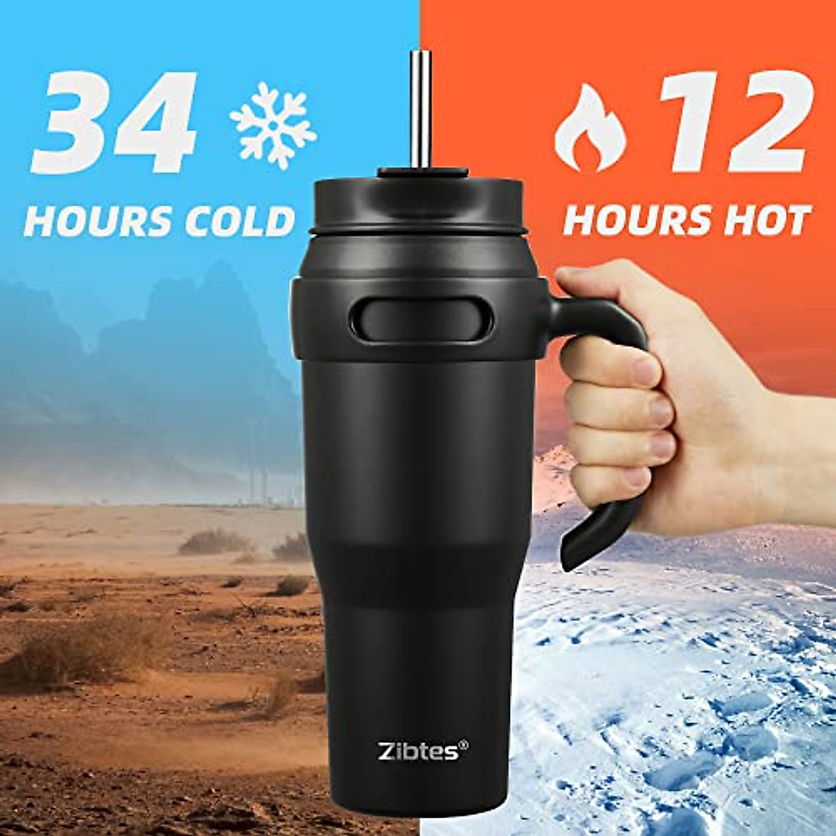 Zibtes 40oz Insulated Tumbler With Lid and Straws, Stainless Steel Double Vacuum Coffee Tumbler With Handle, Keeps Drinks Cold up to 34 Hours or Hot for 12 Hours(Black 1 pack)